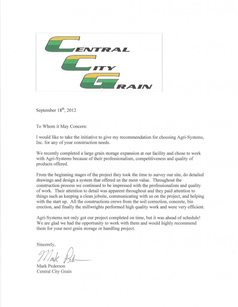 Customer Reference Letters for Projects | Agri Systems Inc